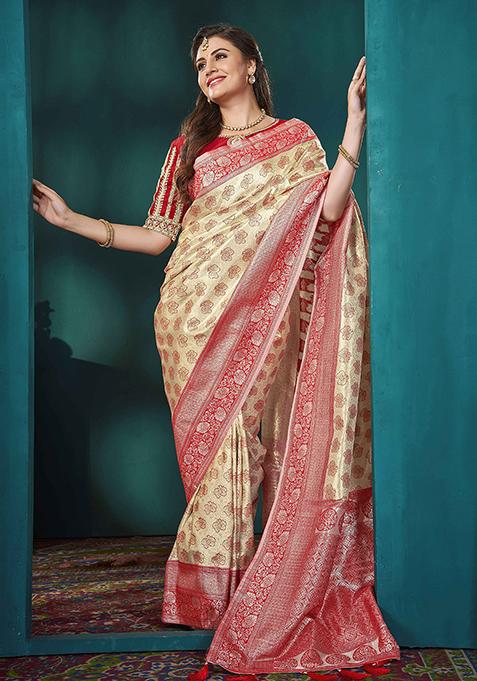 Buy Women Golden Woven Kanjivaram Silk Saree Set - XSR26522 ...