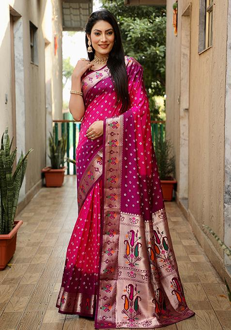 Buy Women Pink Bandhani Print Silk Saree Set - XSR26652 - Pink Saree ...