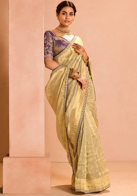 Buy Women Golden Embroidered Silk Blend Saree Set - XSR28240 - Silk ...