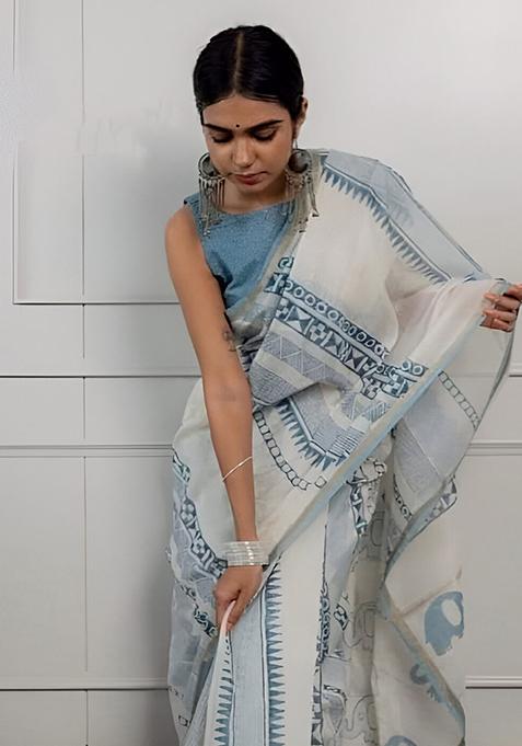 Buy Women Off White Embroidered Cotton Saree Set - XSR28428 - Plus Size ...