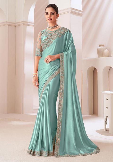 Buy Women Turquoise Embroidered Chiffon Saree - XSR28557 - Chiffon ...