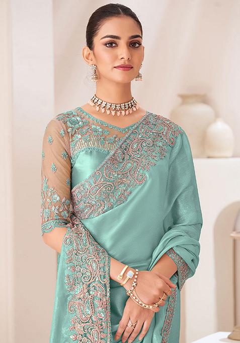Buy Women Turquoise Embroidered Chiffon Saree - XSR28557 - Chiffon ...
