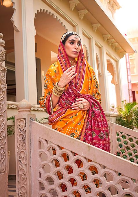 Buy Women Orange Printed Silk Saree - XSR28590 - Silk Sarees - Indya