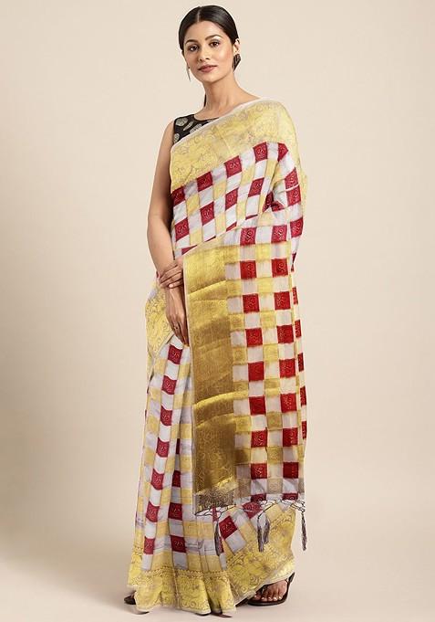 Buy Women Maroon Check Print Silk Saree Set - XSR29286 - Traditional ...