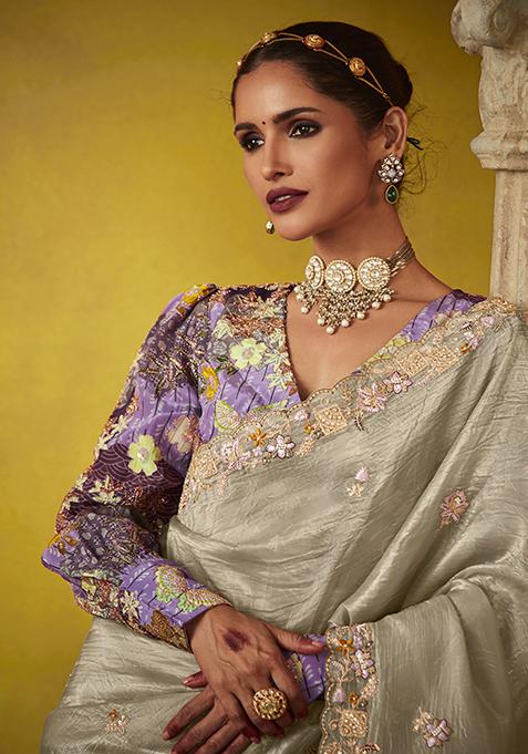 Buy Women Silver Embroidered Tissue Silk Saree Set - XSR29828 - Silk ...