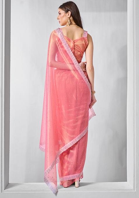 Buy Women Pink Printed Net Saree Set - XSR29952 - Unstitched Sarees - Indya