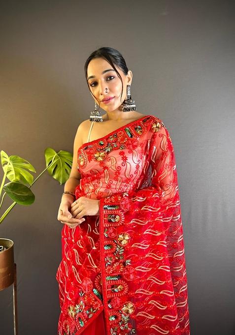 Buy Women Red Embroidered Net Saree Set - XSR30127 - Embroidered - Indya