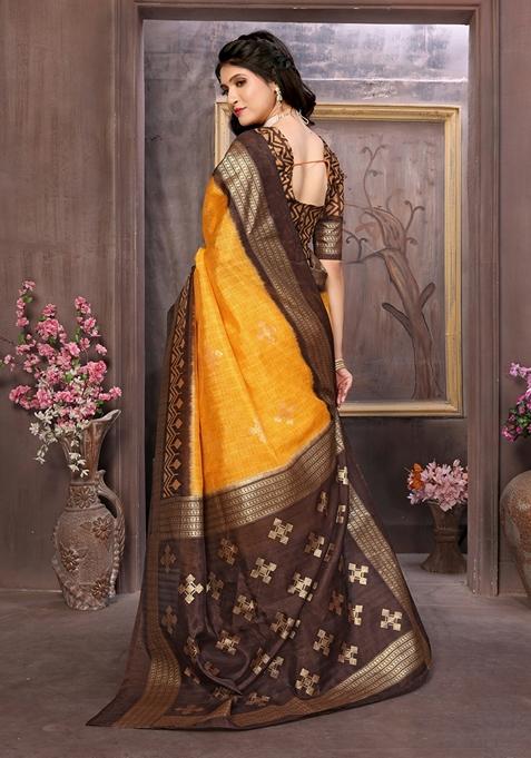 Buy Women Golden Printed Silk Saree Set - XSR30269 - Unstitched Sarees ...