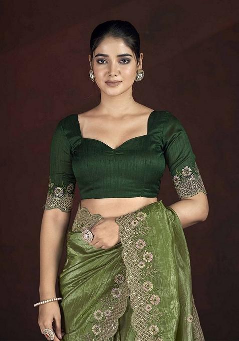 Buy Women Pista Green Embroidered Poly Blend Saree Set - XSR30704 ...