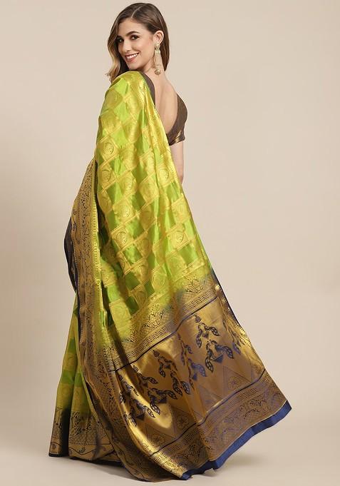 Buy Women Lime Green Woven Silk Saree Set - XSR30774 - Traditional Pre ...