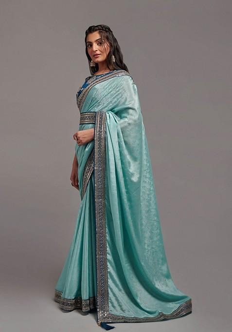 Buy Women Turquoise Blue Embroidered Cotton Saree Set - XSR30841 ...