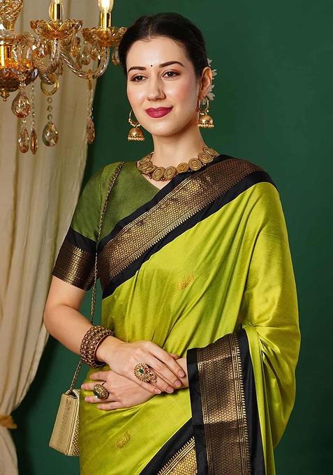 Buy Women Lime Green Woven Silk Saree Set - XSR30890 - Silk Sarees - Indya