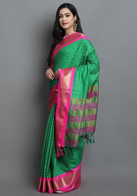 Buy Women Green Checked Poly Blend Saree Set - XSR30928 - Plus Size ...