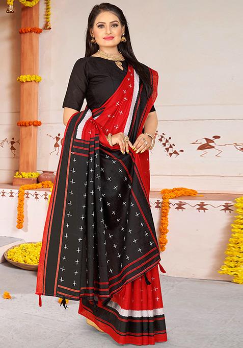 Buy Women Red Printed Cotton Saree Set - XSR31145 - Unstitched Sarees ...