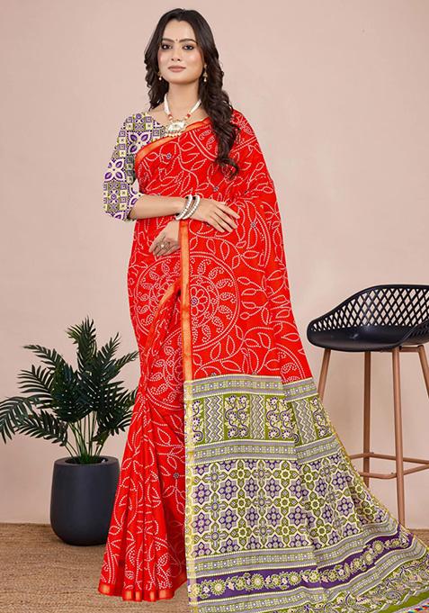Buy Women Red Printed Cotton Saree Set - XSR31153 - Unstitched Sarees ...