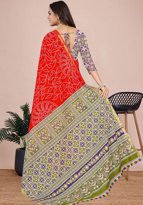Buy Women Red Printed Cotton Saree Set - XSR31153 - Unstitched Sarees ...