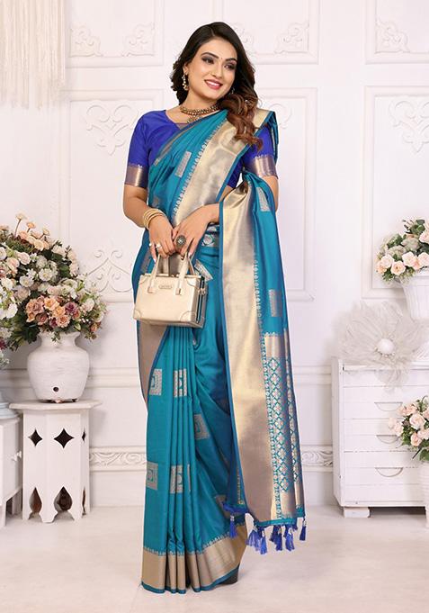 Buy Women Turquoise Blue Weaving Silk Saree Set - XSR31194 - Unstitched ...