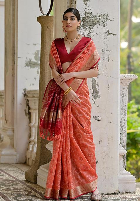 Buy Women Rust Printed Silk Saree Set - XSR31533 - Traditional - Indya