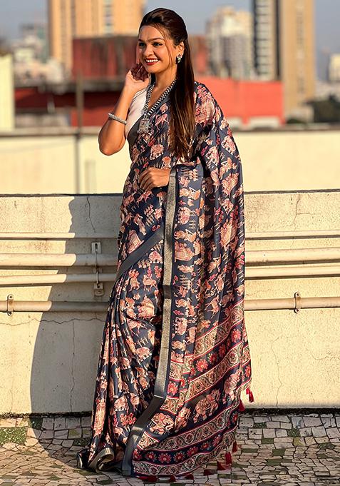 Buy Women Blue Abstract Print Silk Saree Set - XSR32124 - Unstitched ...