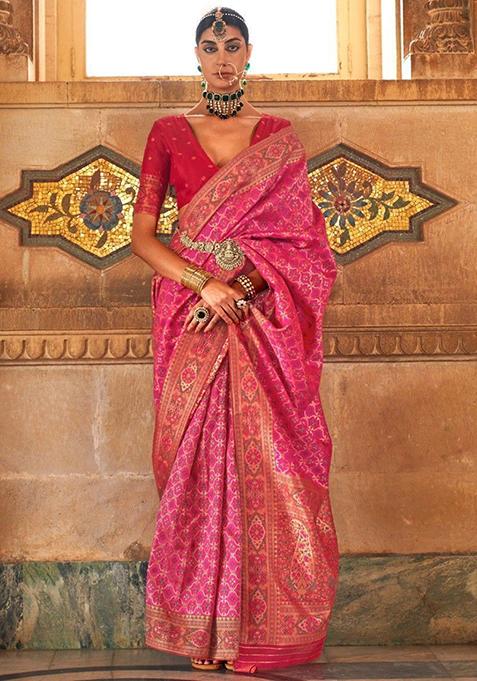 Buy Women Pink Weaving Silk Sarees - XSR32709 - Plus Size Saree - Indya