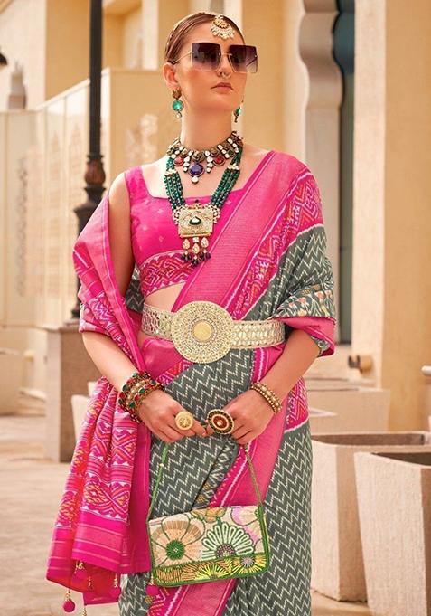 Buy Women Grey Digital Print Silk Sarees - XSR32720 - Sarees - Indya