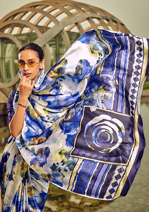 Buy Women White Digital Print Satin Sarees - XSR32780 - Sarees - Indya