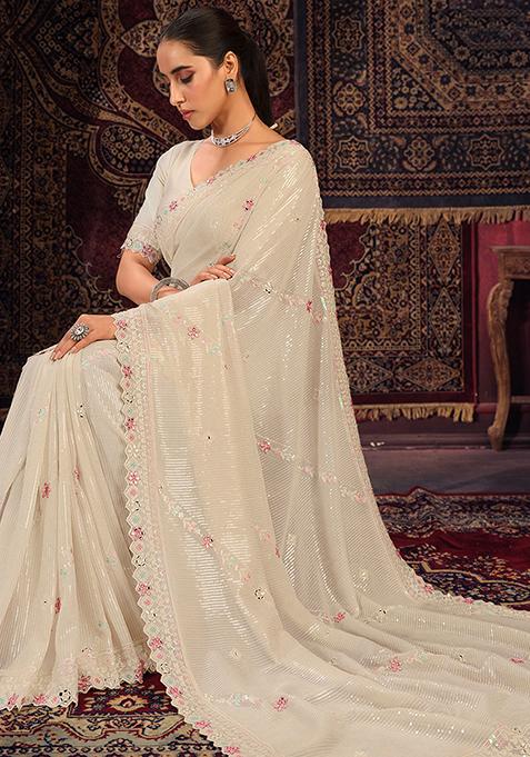 Buy Women Off White Sequin Embroidered Georgette Sarees - XSR32858 - Sarees - Indya