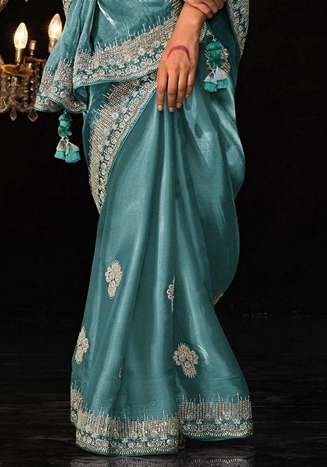 Buy Women Blue Embroidered Tissue Silk Sarees - XSR32891 - Blue Sarees ...