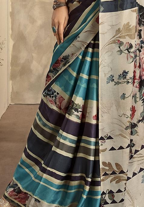 Buy Women Blue Digital Print Satin Sarees - XSR32924 - Sarees - Indya