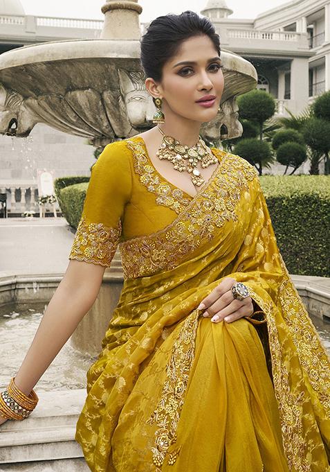 Buy Women Yellow Embroidered Silk Sarees - XSR33286 - Silk Sarees - Indya