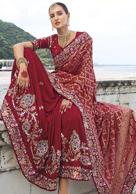 Buy Women Red Bandhani Print Silk Sarees - XSR33392 - Sarees - Indya