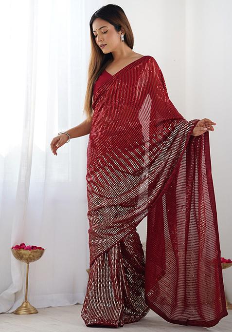 Buy Women Red Sequin Embroidered Georgette Sarees - XSR33430 - Plus ...