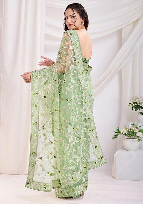 Buy Women Green Embroidered Net Sarees - XSR33635 - Sarees - Indya