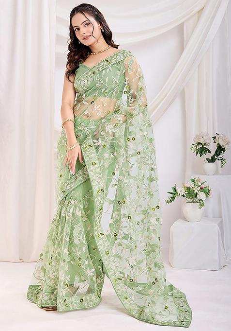 Buy Women Green Embroidered Net Sarees - XSR33635 - Plus Size Saree - Indya