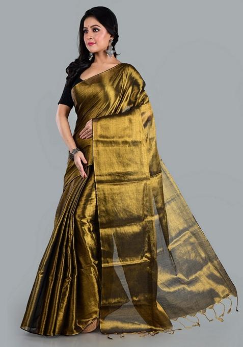 Buy Women Golden Solid Tissue Saree Set - XSR34039 - Saree 3 - Indya