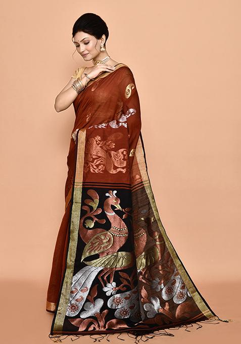 Buy Women Rust Red Zari Work Cotton Saree Set - XSR35440 - Plus Size ...