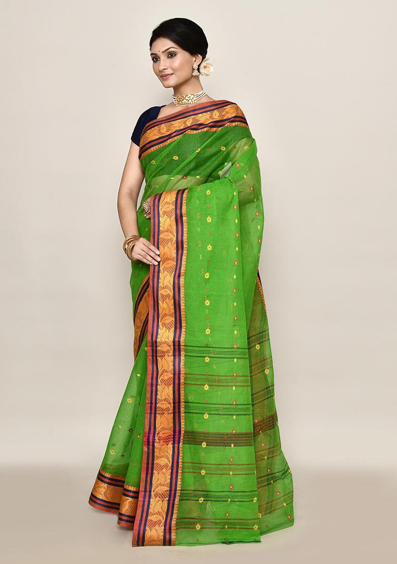 Buy Women Green Buti Work Cotton Saree (Without Blouse) - XSR35510 ...