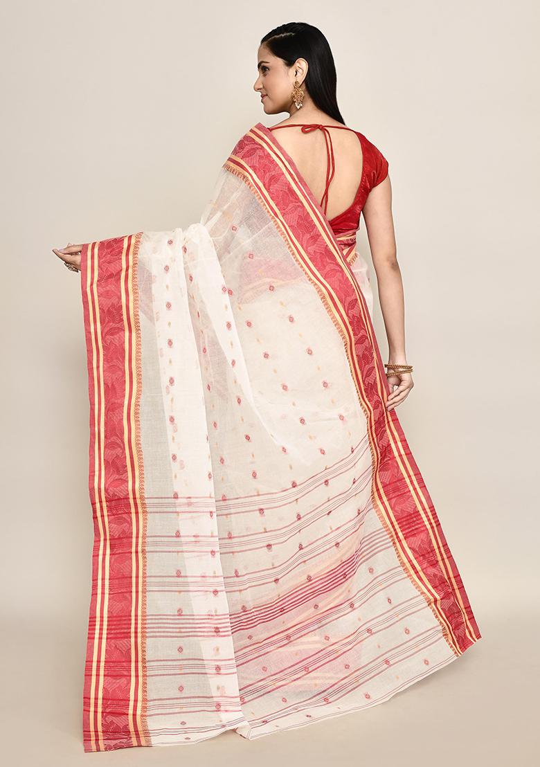 Buy Women Off White Buti Work Cotton Saree (Without Blouse) - XSR35512 ...