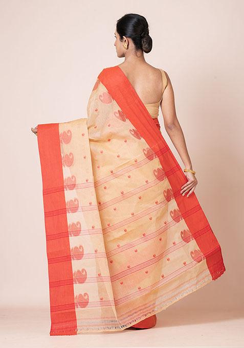 Buy Women Beige Buti Work Cotton Saree (Without Blouse) - XSR35567 ...