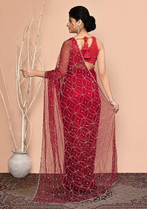 Buy Women Red Embroidered Net Saree - XSR35946 - Unstitched Sarees - Indya