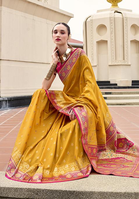 Buy Women Yellow Zari Work Banarasi Saree Set - XSR36018 - Plus Size ...