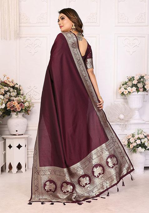 Buy Women Maroon Jacquard Silk Saree Set - XSR36684 - Plus Size Saree ...