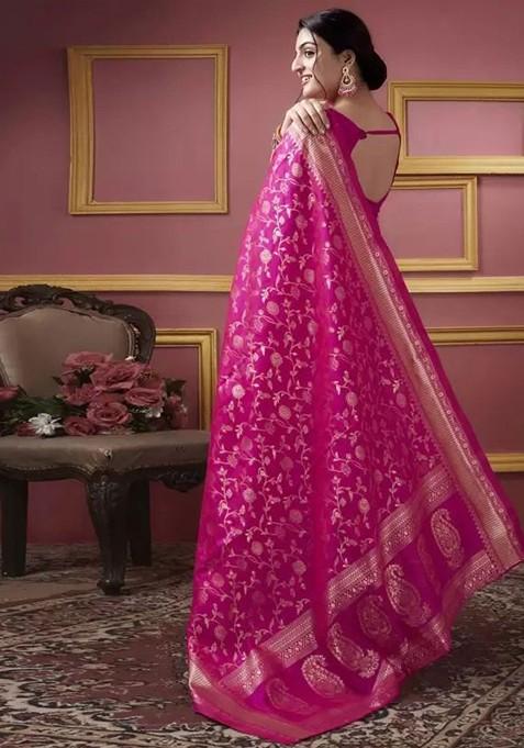 Buy Women Pink Floral Silk Saree Set - XSR38677 - Pink Saree - Indya