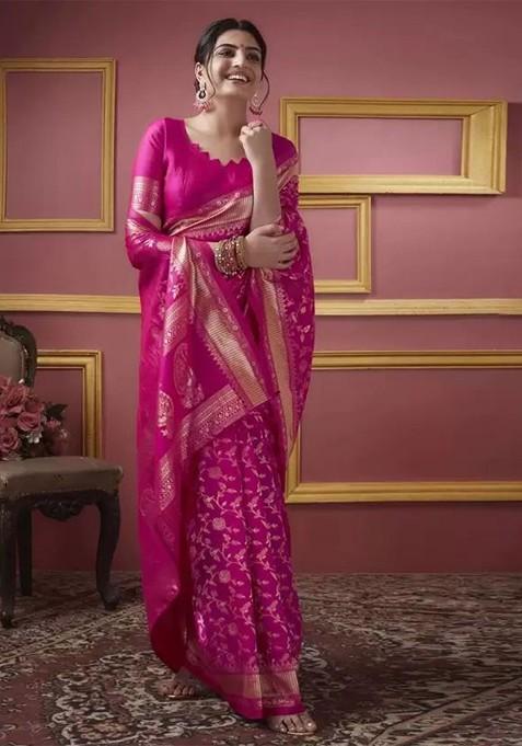 Buy Women Pink Floral Silk Saree Set - XSR38677 - Pink Saree - Indya