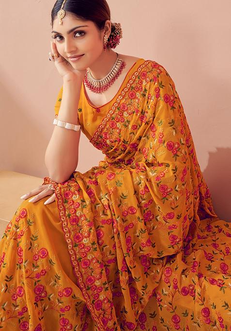 Buy Women Mustard Yellow Zari Work Georgette Saree Set - XSR43430 ...