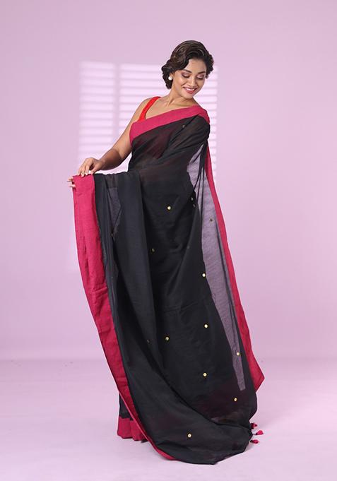 Buy Women Black Embroidered Cotton Saree Set - XSR43597 - Plus Size ...