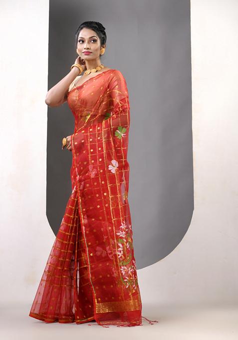 Buy Women Red Woven Muslin Saree Set - XSR43808 - Plus Size Saree - Indya