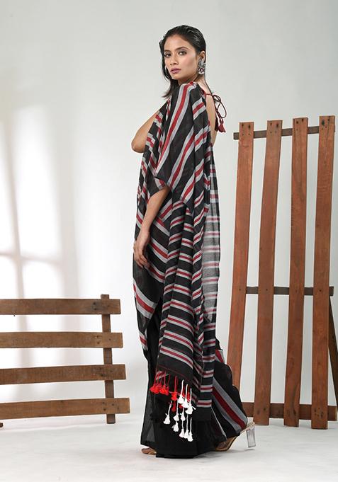 Buy Women Black Striped Cotton Saree Set - XSR44044 - Plus Size Saree ...