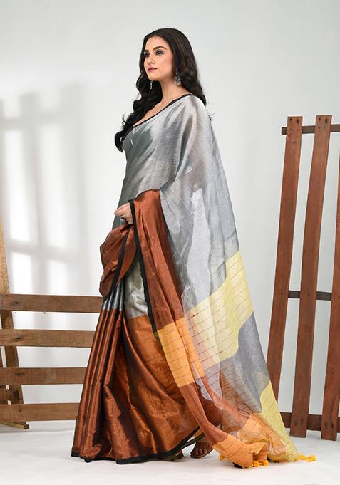 Buy Women Grey Copper Solid Tissue Saree Set - XSR44066 - Silk Sarees ...