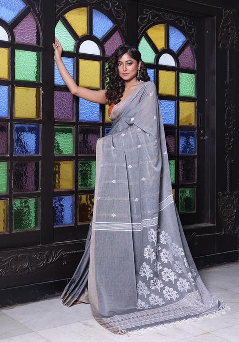 Buy Women Grey Embroidered Cotton Saree Set - XSR44623 - Plus Size ...